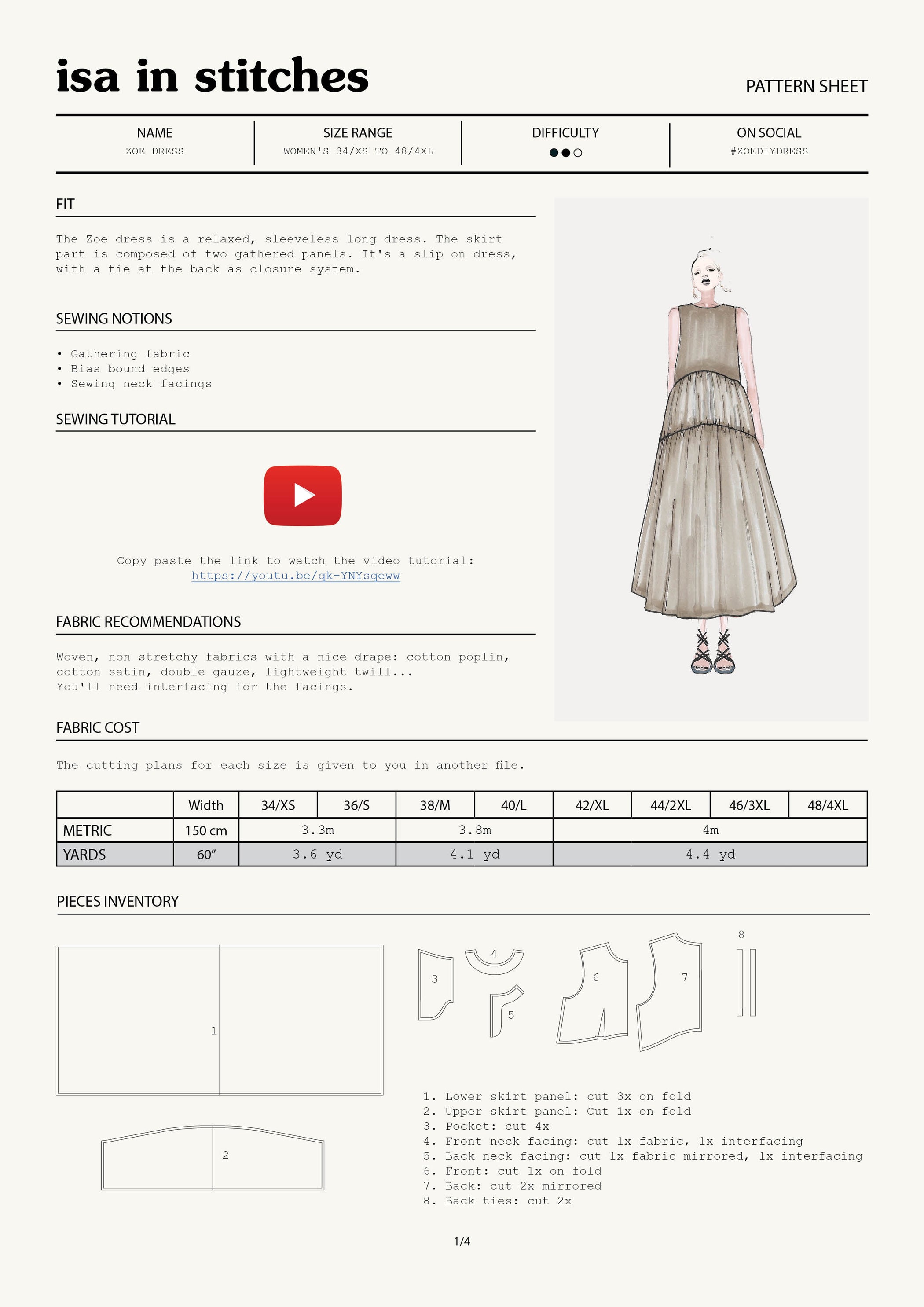 Long Slip On Puff Sleeve Gathered Summer Dress PDF Digital Sewing Patt ...